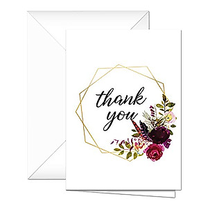 Fall Floral Thank You Notes / 24 Appreciation Cards And White Envelopes / 4 Thanks Flower Frame Note Card Designs / 3 1/2" x 4 7/8" Thank You Greeting Cards/Made In The USA