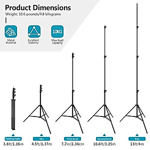 Neewer Heavy Duty Light Stand, Aluminum Alloy 13ft/4m Adjustable Photography Tripod Stand with Built-in Spring Cushion and 1/4” Screw for Studio LED Light, DSLR Camera, Max Load: 22lb/10kg - Black