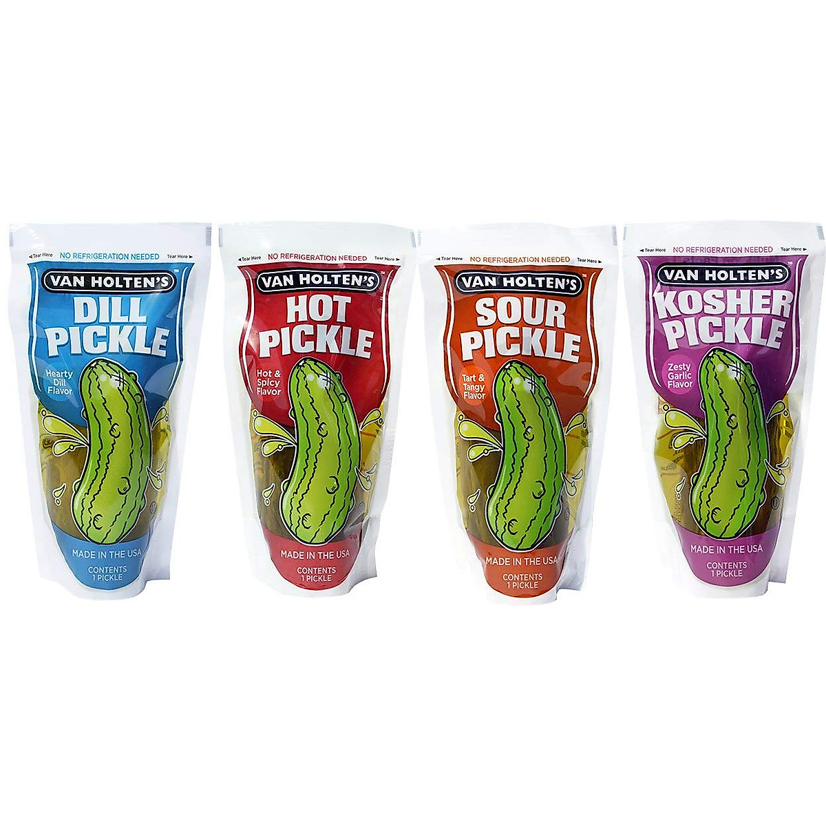 Van Holten's Pickle In-a Pouch Variety Pack, 12 pickles, 3 of each Flavor of Kosher, Dill, Hot & Spicy and Sour Ready to Eat Single Serve Pickles in their own pouch! No Refrigeration needed.