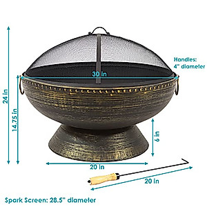Sunnydaze 30-Inch Fire Pit Bowl with Spark Screen, Fireplace Poker, and Metal Grate - Black High-Temperature Paint Finish