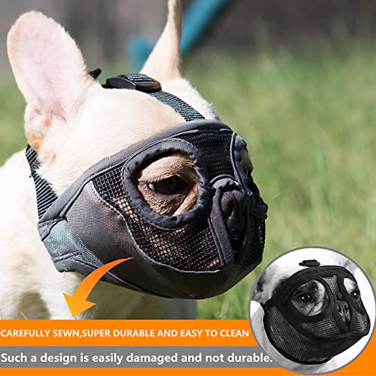 JYHY Short Snout Dog Muzzles- Adjustable Breathable Mesh Bulldog Muzzle for Biting Chewing Barking Training Dog Mask,Black(Eyehole) M