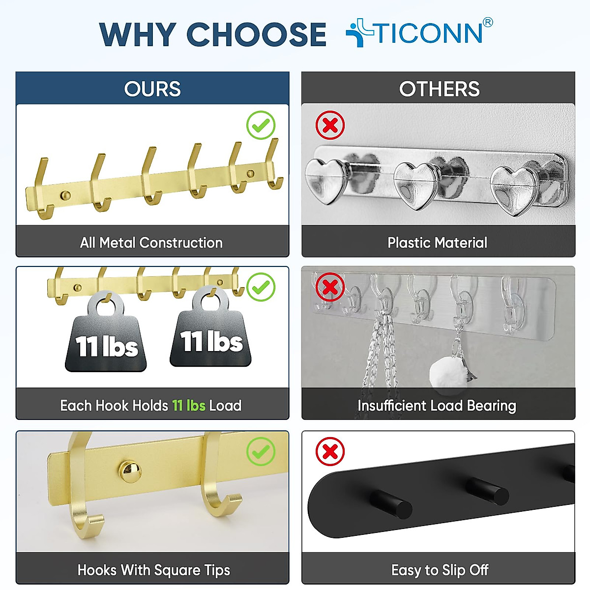 TICONN Wall Mounted Coat Rack - 6 Heavy Duty Dual Hooks All Metal Contemporary Coat Hanger for Jacket Coat Hat for Mudroom Entryway Bathroom (Gold, 2PK)