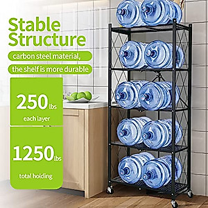 Mochubang Foldable Storage Shelves Unit, 5 Tier Folding Shelf Steel Shelving Rack with Wheels for Mobile Storage in Kitchen, Warehouse, Closet, Patio, Pantry, No Assembly, 1250 lbs Capacity, Black