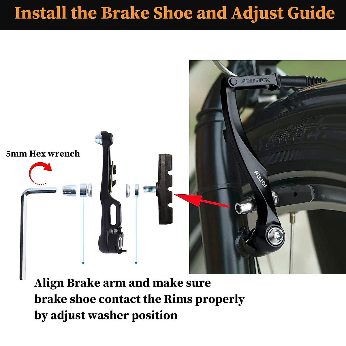RUJOI Bike Brakes Set,Mountain Bike V Brakes Type,V-Brake Replacement Set for MTB, Road Bike,BMX,E Bike Black (2 Pack)