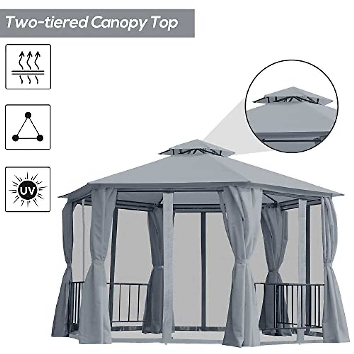 Outsunny 13' x 13' Patio Gazebo, Double Roof Hexagon Outdoor Gazebo Canopy Shelter w/with Netting & Curtains, Solid Steel Frame for Garden, Lawn, Backyard and Deck, Grey