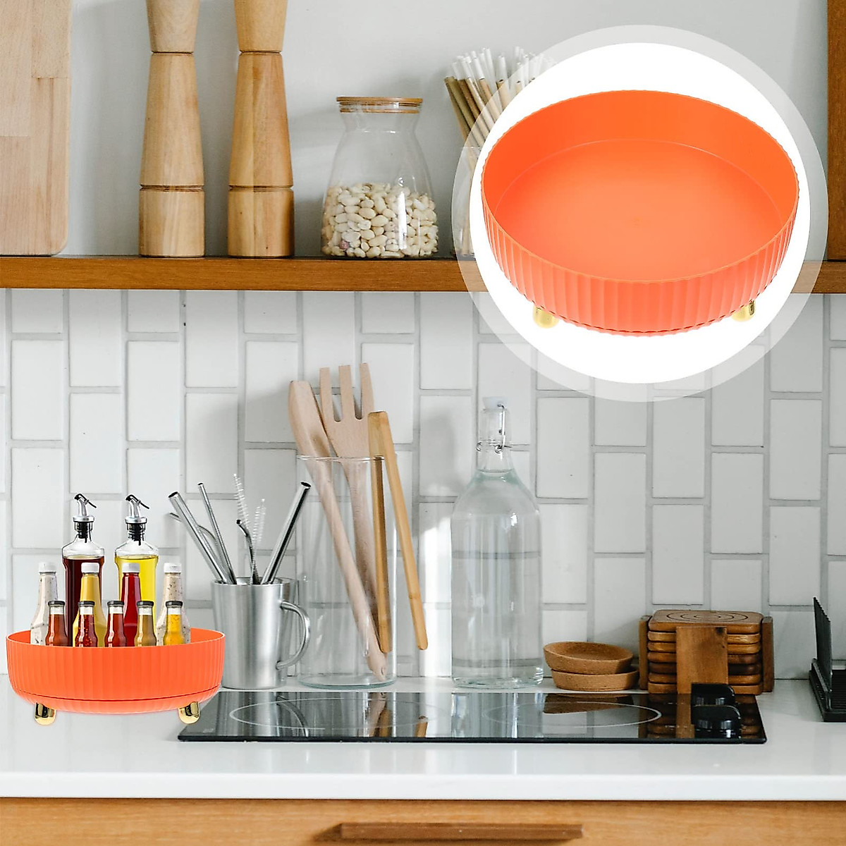 Hemoton Turntable Spice Rack Lazy Susan Organizer Spinning Spice Storage Bins Rotating Fruits Tabletop Stand for Kitchen Cabinets Pantry Refrigerator Countertop Orange