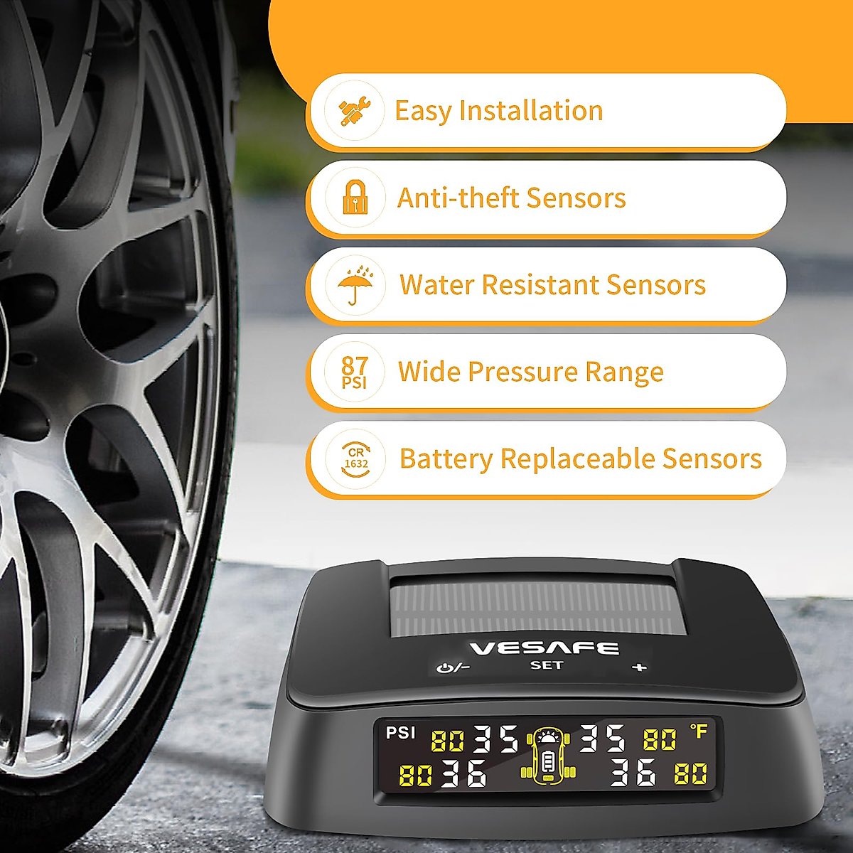 VESAFE Wireless tire Pressure Monitoring System, TPMS, with Solar Charger, Different high/Low Pressure Limits for Two axles, auto Sleep Mode, only Work with Cars, not Work with Camping Vehicles