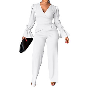 Rooscier Women's 2 Piece Outfits Long Sleeve Top with Pants Sets White Medium