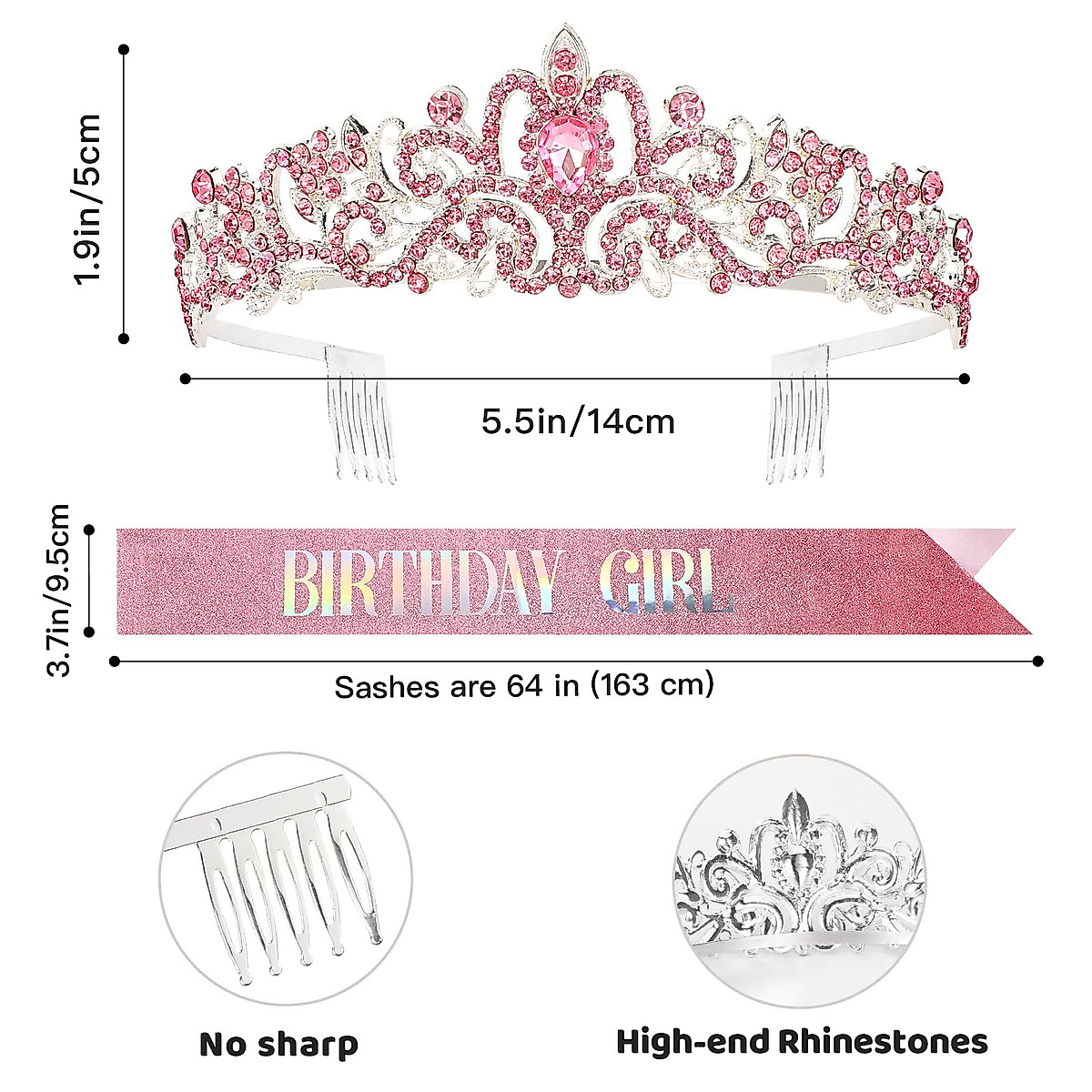 GINZU Pink Headbands Birthday Tiaras for Girls, Birthday Crown Sash Happy Birthday Girl Tiara Princess Birthday Party Decorations Gifts