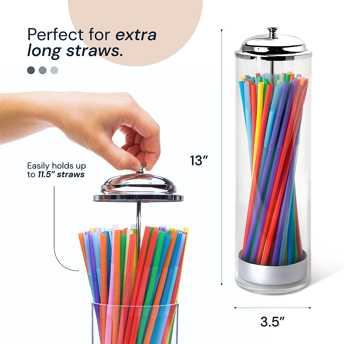 SimplyImagine Acrylic Straw Holder- 13 Inch Tall Drinking Straw Dispenser for Smoothie Tubes, Retro Reusable Storage Container of House Supplies- Metal Base and Lid with 20 Clear Straws in White Pack
