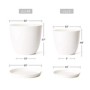 Mkono 6.5" Plastic Planters with Saucers, Indoor Set of 5 Flower Plant Pots Modern Decorative Gardening Pot with Drainage for All House Plants, Herbs, Foliage Plant, and Seeding Nursery, Cream White