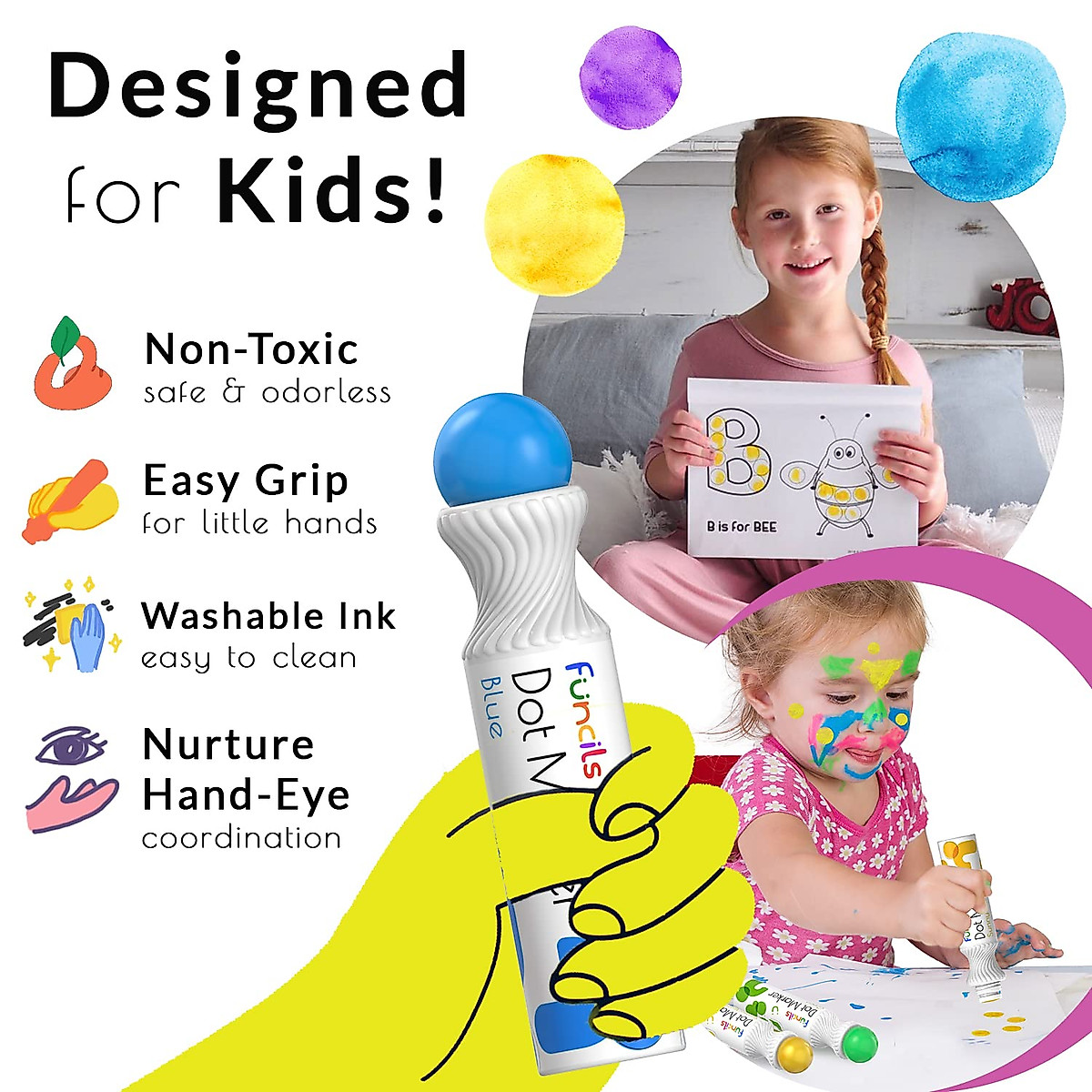 Funcils 10 Washable Dot Markers for Toddlers - Non Toxic Paint Dotters & Bingo Markers - Dot Markers for Kids & Preschoolers | Dabber Markers for Kids | Fun Dot Art Supplies with 50 Activity Sheets