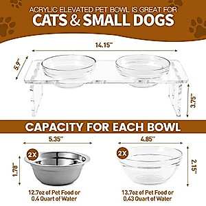 Dog and Cat Bowls Elevated Set - Acrylic Feeder Stand with 2 Set Removable Stainless Steel and Glass Bowls Food and Water Raised Dishes for Small Pet,3.75 inches