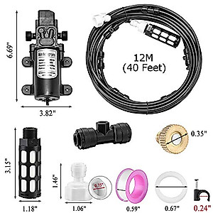 CozyCabin Outdoor Misting Cooling System with Pump - 40ft (12m) Misting Line with Filter + 6 Brass Mist Nozzles (3/4") for Patio Garden Greenhouse Watering Distribution System (12m (40ft))
