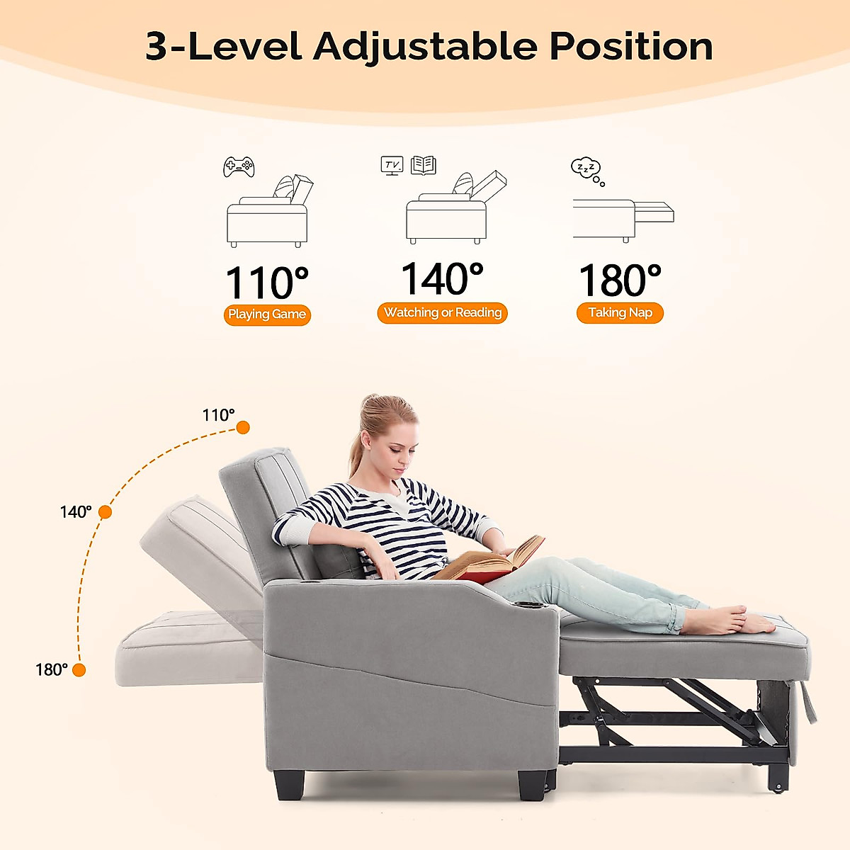 VINGLI Convertible Sleeper Chair 3-in-1 Sofa Bed Light Gray, Pull Out Couch Sleeper Sofa Recliner with USB Ports, Cup Holders, Side Pockets for Small Space Living Room, Bedroom