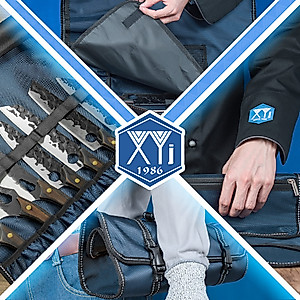 Authentic XYJ Since 1986,Chef Knife Bag With Shoulder Strap,8 Slots Roll Bag,Travel Camping Storage Carry Case,Oxford Cloth Portable Pockets Bag Holds Kitchen Knives Tools Set (XYJ Blue)