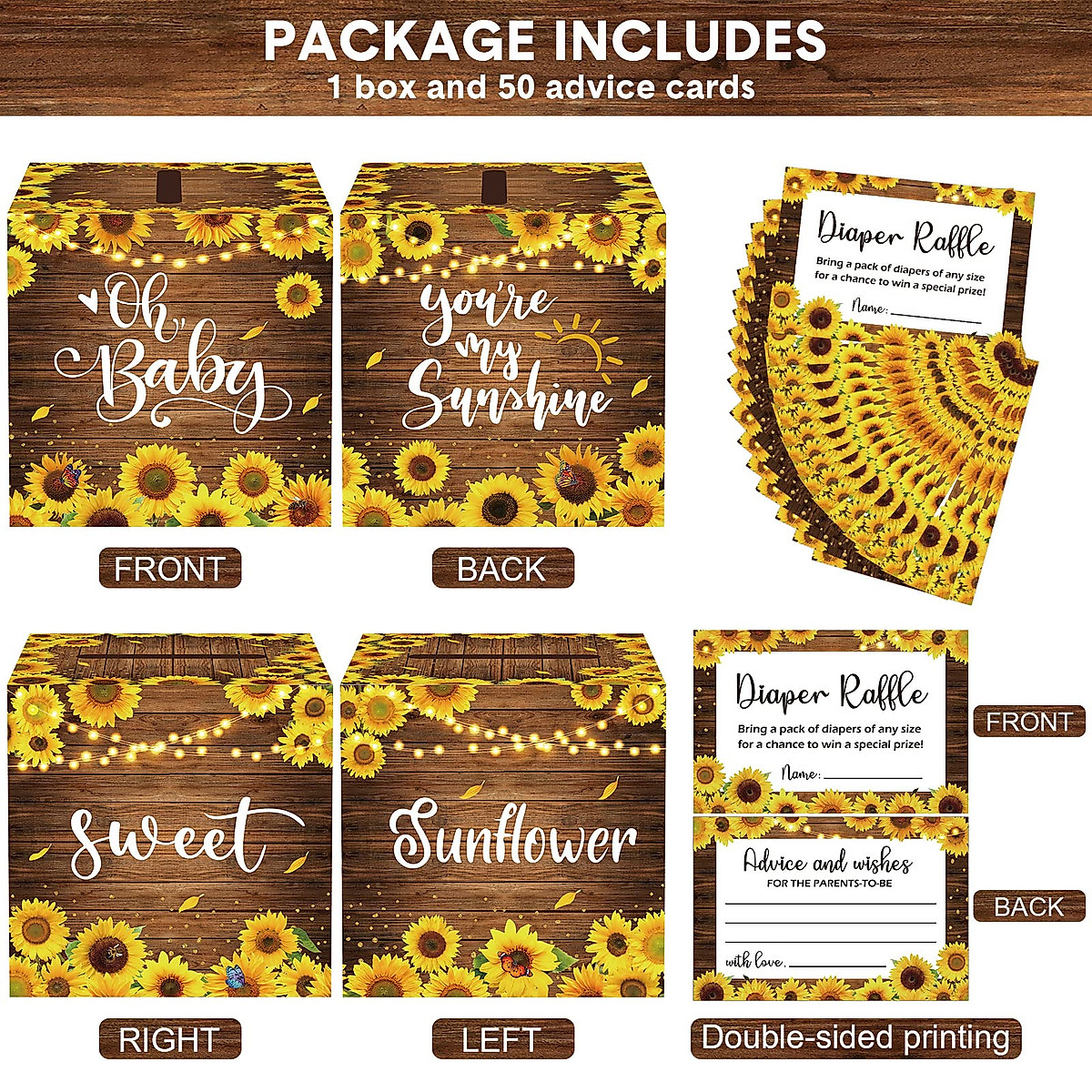 50 Pieces Diaper Raffle Tickets with Diaper Raffle Card Box Sunflower Baby Shower Diaper Raffle Game Box Advice Cards Baby Shower Diaper Raffle Game Kit for Boys Girls Gender Reveal Party