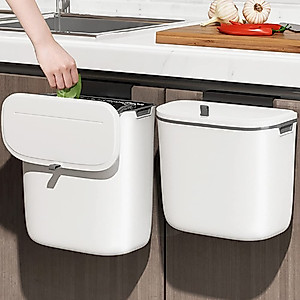 2.4 Gallon Hanging Trash Can with Lid for Kitchen Cabinet Door or Under Sink, Kitchen Wall Mounted Compost Bin, Small Garbage Can for Countertop, Bathroom