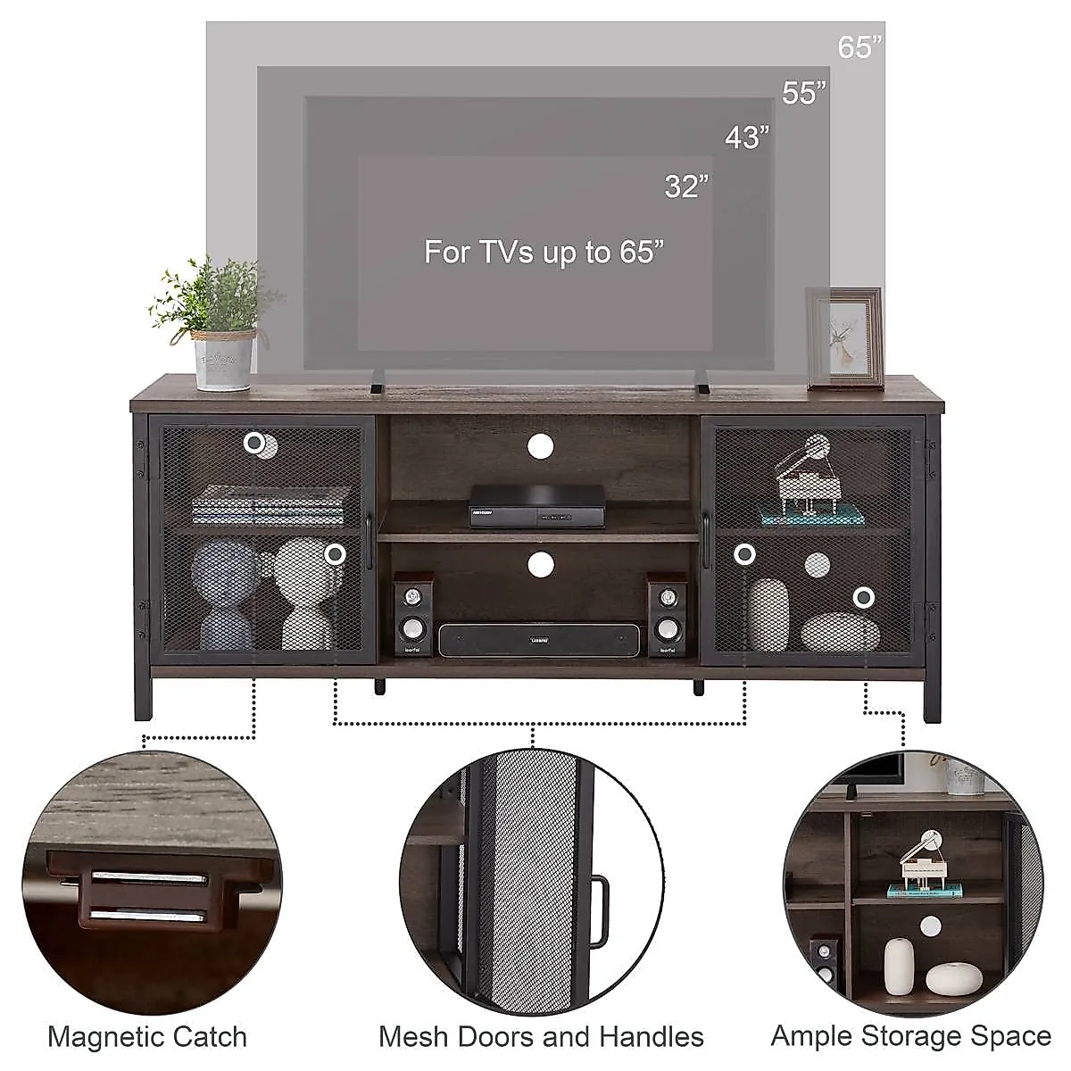 FATORRI Industrial Entertainment Center for TVs up to 55 60 65 Inch, Rustic Wood TV Stand, Large TV Console Cabinet with Doors for Living Room (60 Inch Wide, Walnut Brown)