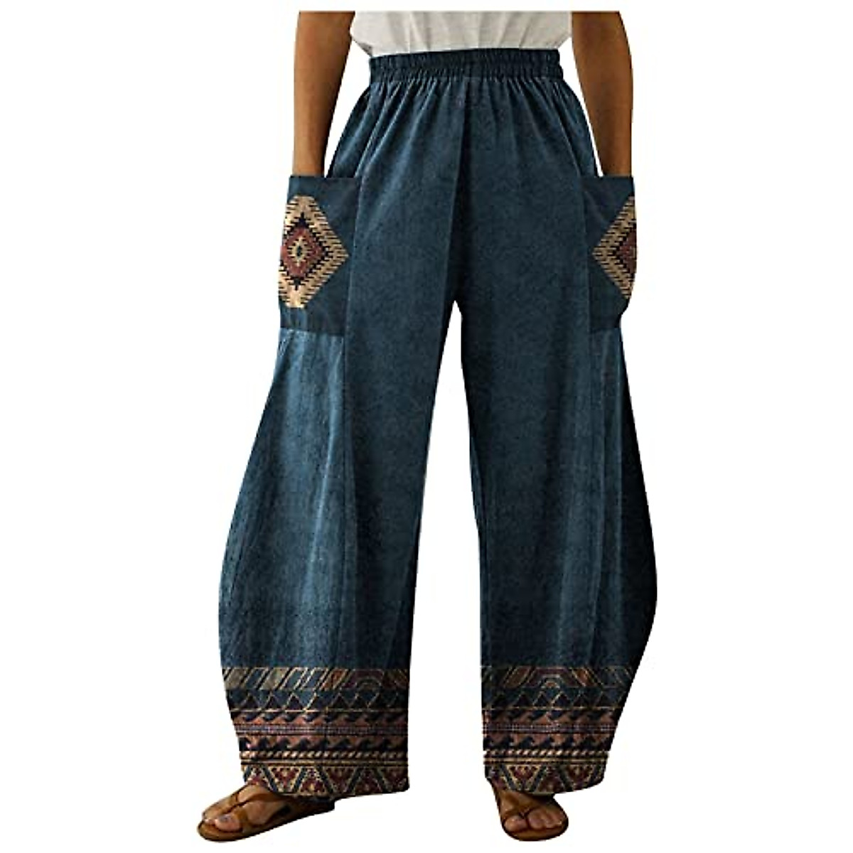 July 4 Wide Leg Pants for Women Dressy Petite Women Casual Fashion Print Loose Elastic Waist Harem Pants Pocket Floral Pants Womens Yoga Pants with Pockets Tummy Control July 4 Dress Pants Women
