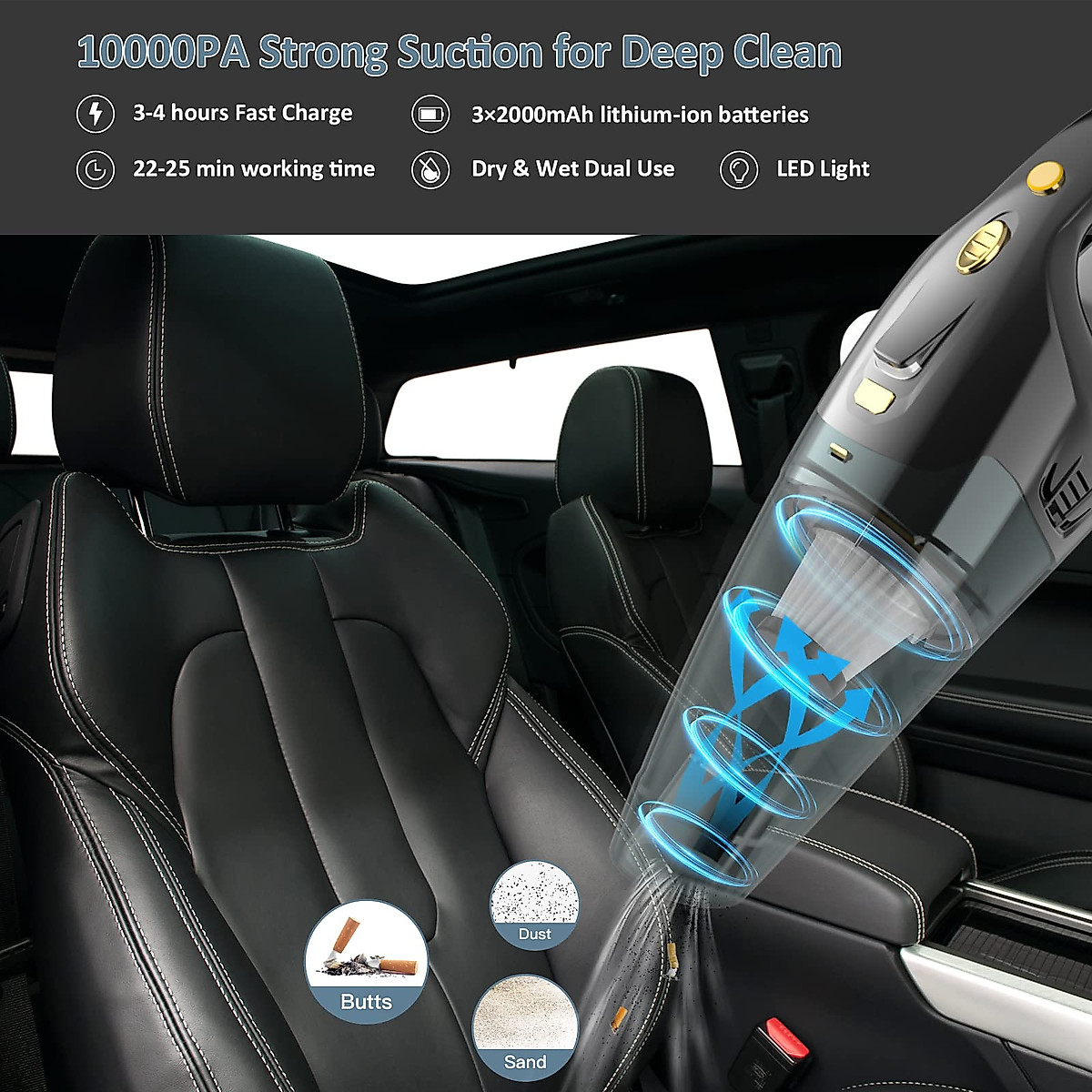 Handheld Vacuum Dust Busters Cordless Rechargeable, AEWHALE Hand Vacuum Cordless 10000PA High Power with LED Light, Portable Home & Car Mini Vacuum, Wet/Dry Car Vacuum Cleaner(Black)