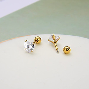 4 Pairs Screw Back Surgical Stainless Steel Stud Earrings, Gold Plated Silver Heart Star Square Princess Cut Round CZ Cubic Zirconia Stud Earrings Set (Gold Heart CZ)