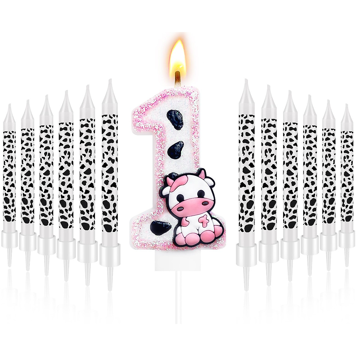 13 Pcs Cow Themed Birthday Candles - 0 to 9 Pink Cow Number Candle & Cow Print Birthday Candles, Cowgirl Theme Candle for Girls Birthday Party Decor, Holy Cow Im One Birthday Decorations (Number 1)