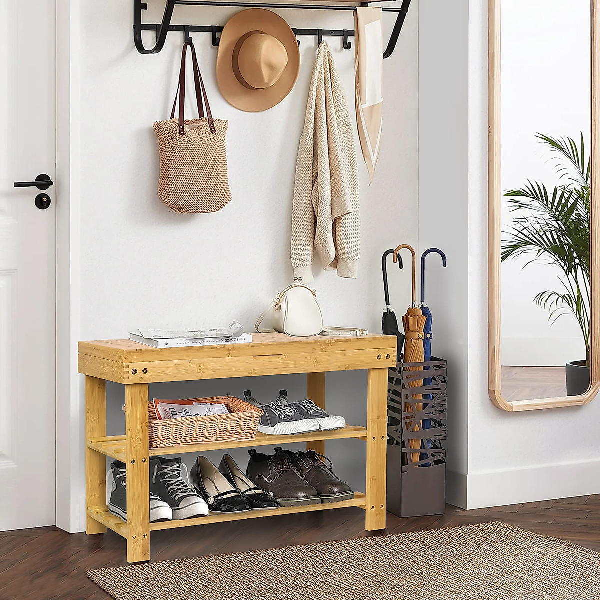 BAMBUROBA Shoe Rack Storage Bench Bamboo Organizer Entryway Organizing Shelf with Storage Drawer on Top, Natural
