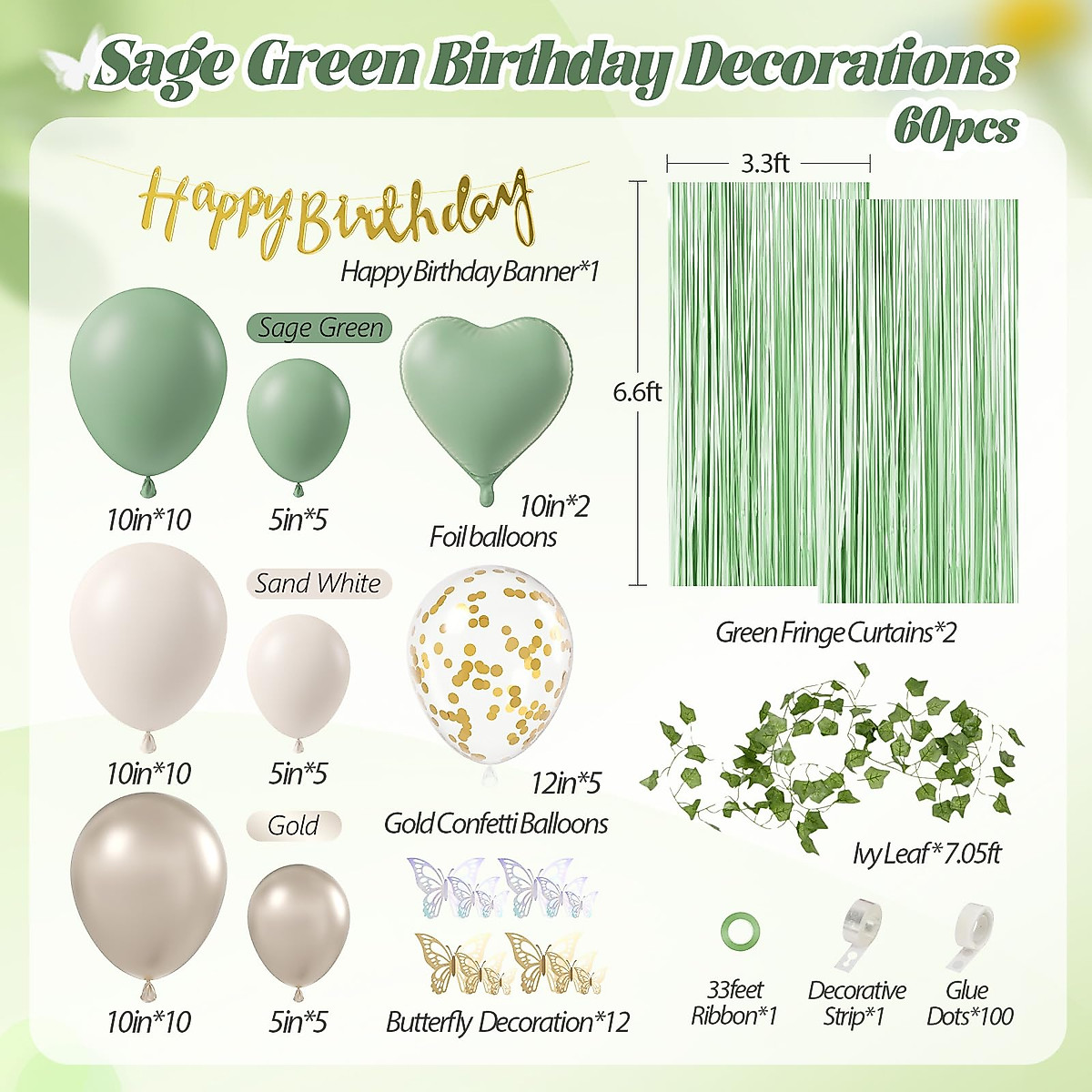 Sage Green Birthday Party Decorations with Happy Birthday Banner Green Fringe Curtain Butterfly Decorations Foil Balloons Happy Birthday Decorations for Women Adults