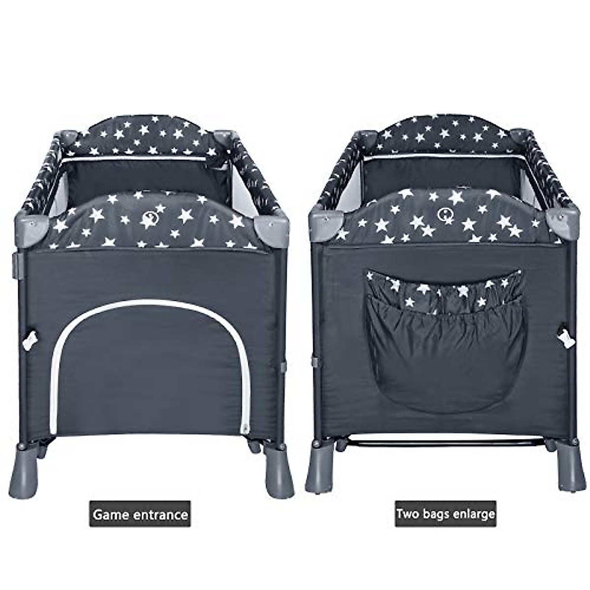 Heyo.Ja Portable Baby Playard, 4 in 1 Convertible Pack and Play with Bassinet, Nursery Center with Comfortable Mattress, 5 Height Adjustable Bedside Crib (Grey)