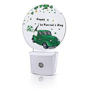 St.Patrick Day Shamrock Truck Night Lights Plug into Wall, Cute Gnomes Green Auto Round LED Lights with Dusk to Dawn Sensor for Bedroom, Bathroom, Hallway, Kitchen, Kids, Home Decor