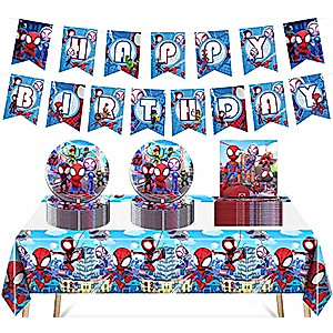 50pcs Spidey and His Amazing Friends Birthday Party Supplies Decorations, 24 Plates, 24 Napkins, 1 Tablecloth and 1 Pull Flag, Birthday Party Favors for Kids Boys Girls