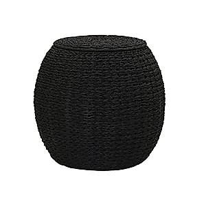 Household Essentials, Black Handwoven Paper Rope Barrel Wicker Storage Basket Side Table