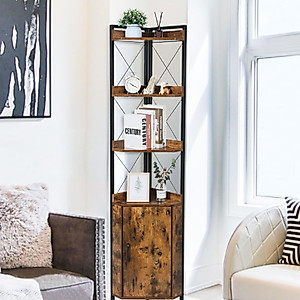 Tall Corner Shelf,Rustic Corner Cabinet,Industrial Bookcase,Freestanding Display Shelf,Storage Cabinet with Doors,Corner Plant Stand for Living Room, Home Office