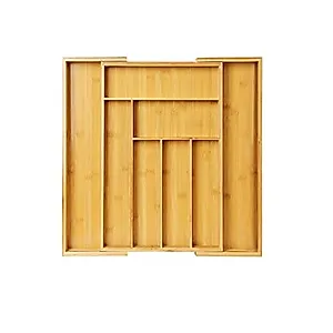 XYMiJiaLe bamboo expandable drawer organizer, bamboo drawer organizer, kitchen drawer organizer, cutlery tray, silverware organizer (6-8 slots) for kitchen, silverware, cutlery and makeup drawers.