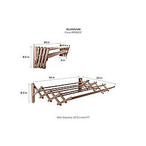 AERO W Racks Aluminum Wall Mounted Collapsible Laundry Clothes Drying Rack (60lb Capacity, 22.5 Linear FT, Aluminum Bronce)