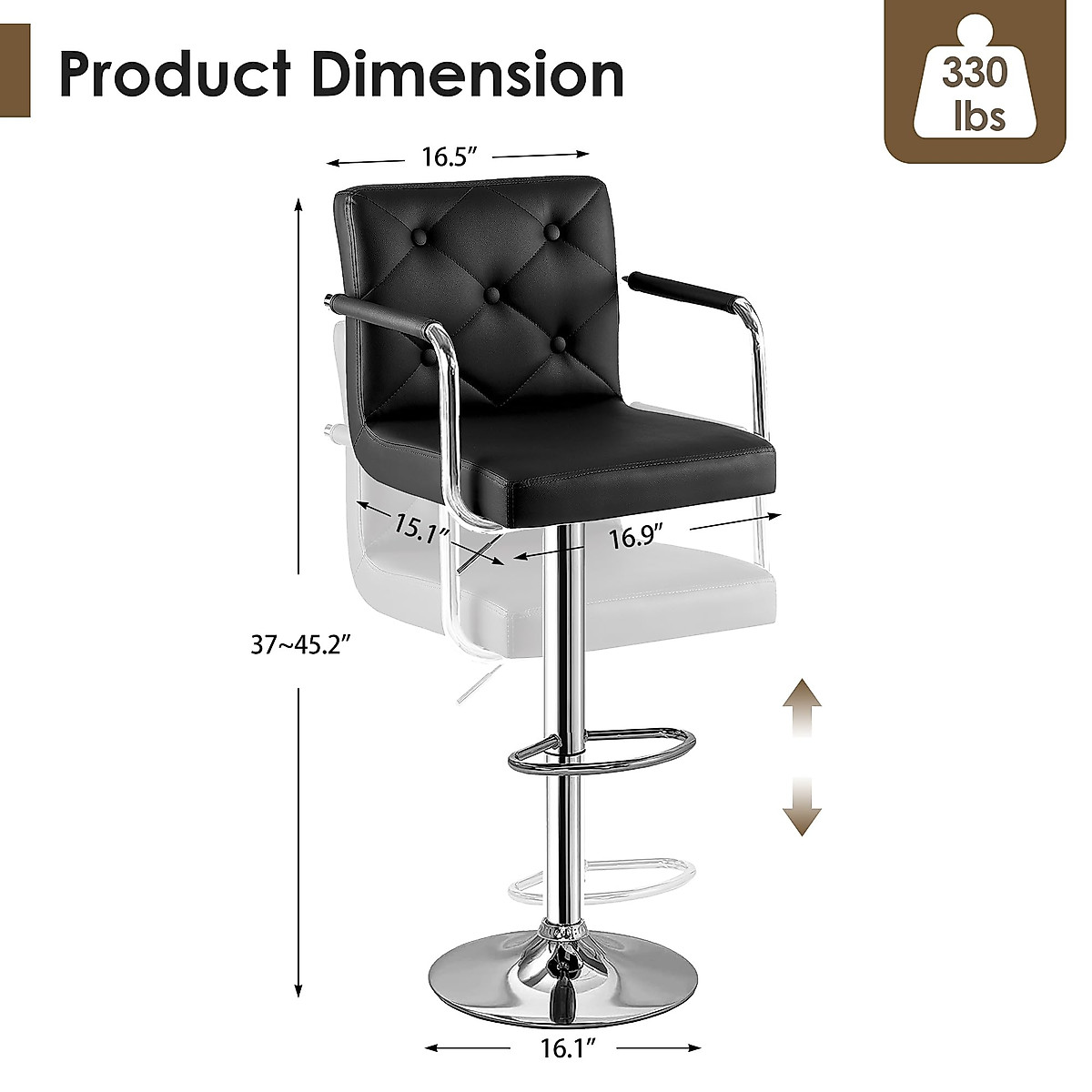 VECELO Bar Stools, Adjustable Bar Stools Set of 2, Counter Height Barstool with Back and Arms, Swivel PU Leather Bar Chairs for Kitchen/Island, Black