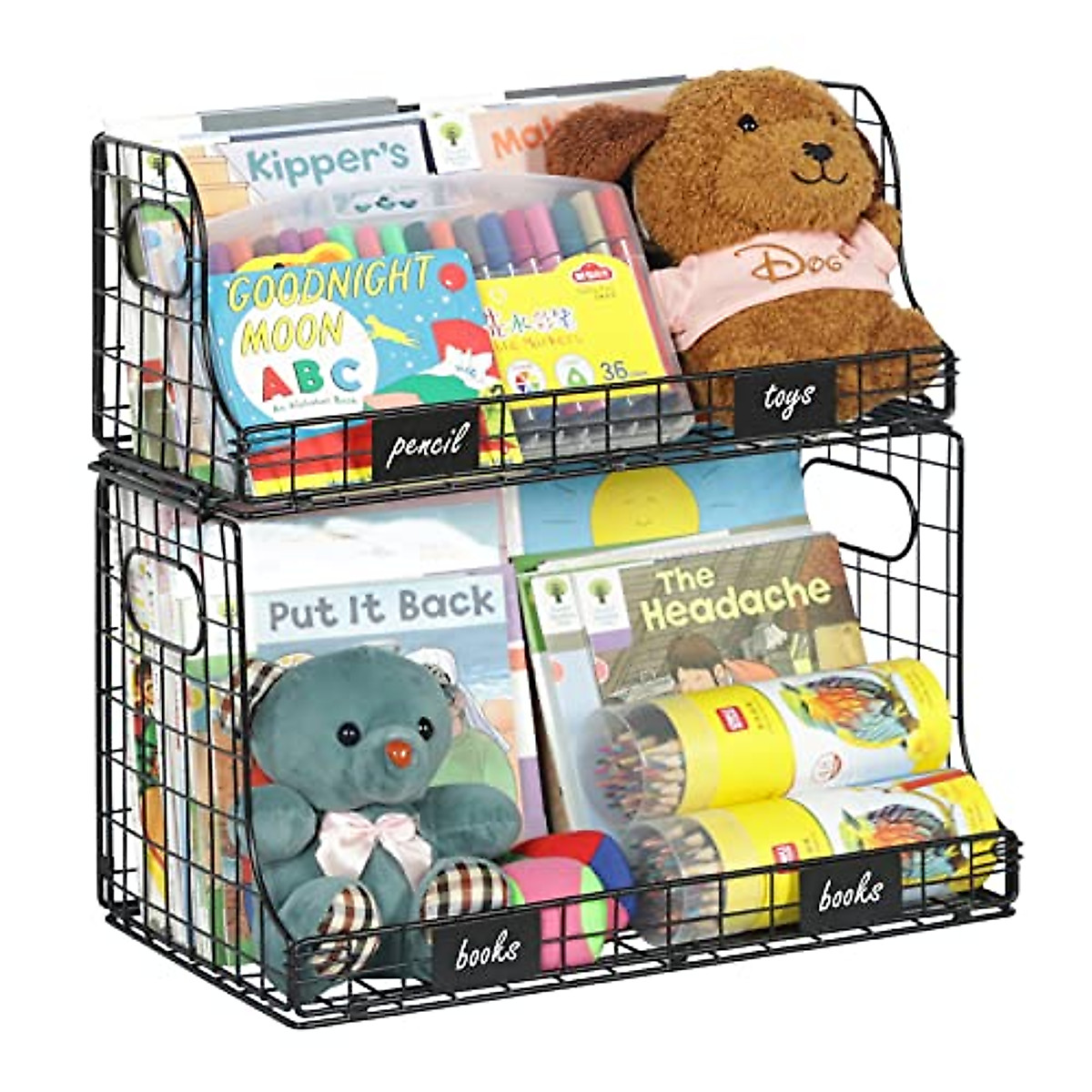 2 Tier Stackable Kids Book Organizer, Hanging Metal Bookshelf with Adjustable Dividers, Wall Floating Book Storage for Kids, Toddler, Nursery Room Decor, Black