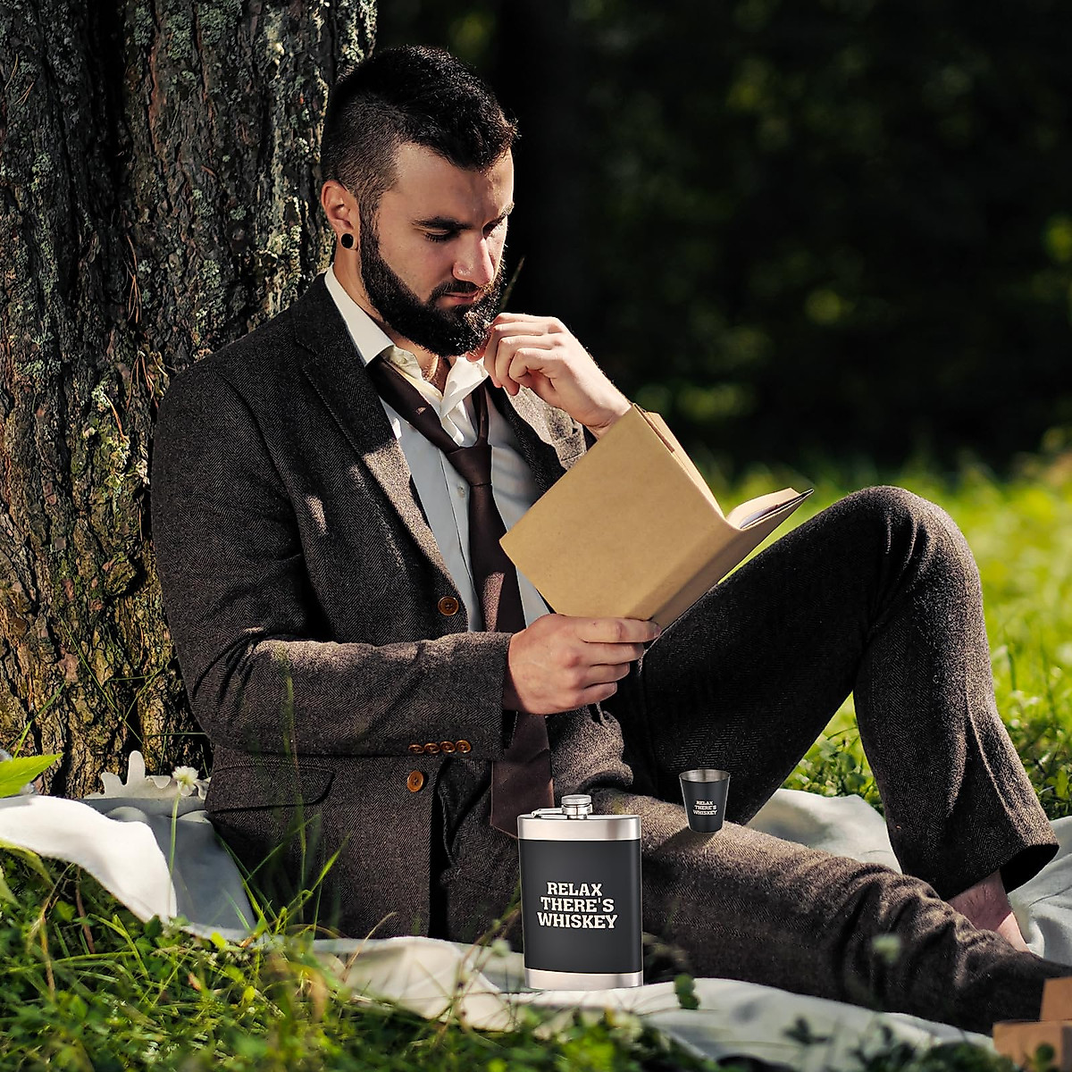 Hip Flask Gift Set for Men, Stainless Steel Leak-proof Engraved Flask for Liquor with 4 Cups and Funnel, Food-grade Black Flask, Gift Box for Wedding Party Groomsman Climbing Hiking Picnic