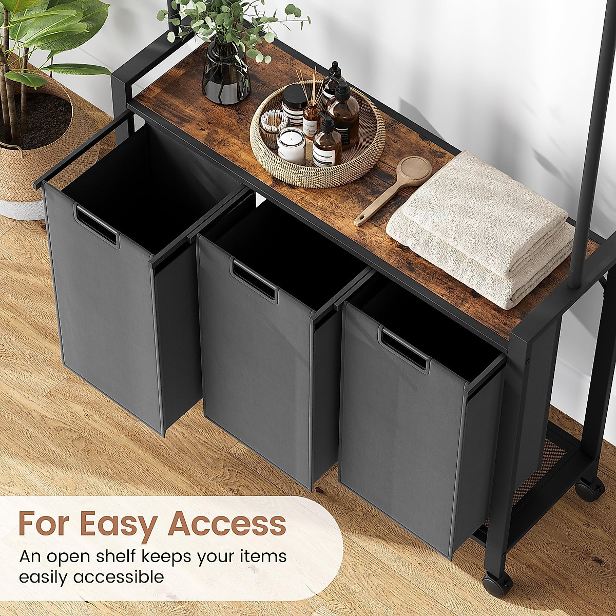 IDEALHOUSE Laundry Sorter, Rolling Laundry Hamper with Hanging Rack, Laundry Hamper 3-Section with Wheels, Hampers for Laundry, Laundry Basket Organizer for Laundry Room, Rustic Brown