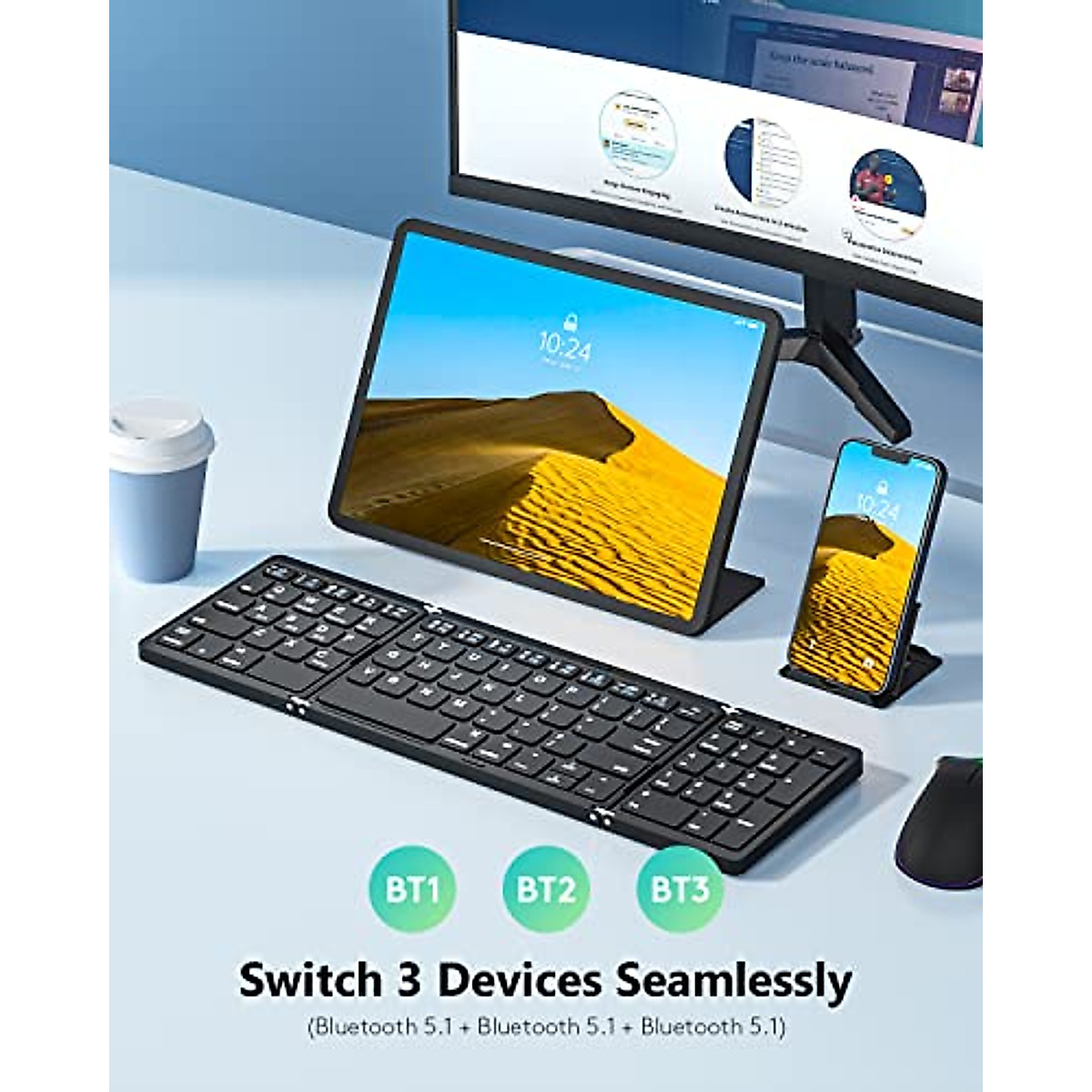 Samsers Multi-Device Foldable Bluetooth Keyboard with Numeric Keypad Rechargeable Wireless Keyboard (BT5.1 x 3) with Holder, Portable Pocket Folding Keyboard for iOS Android Windows Mac OS - Black