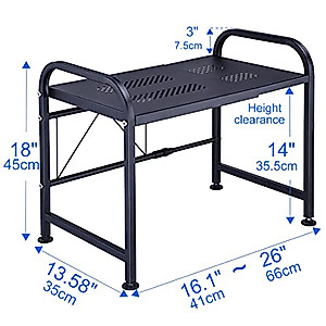 Expandable Microwave Shelf Rack Unit Kitchen Storage Stand Countertop Organizer w/ 4 Hooks 2-Tier Steel (L16.1"~26"x Depth13.58"x Height Clearance 14") for Toaster, Max Load 83lbs, Matte Black