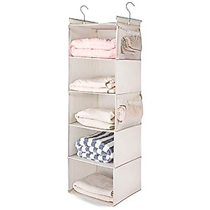 MAX Houser 5 Shelf Hanging Closet Organizer, Space Saver, Cloth Hanging Shelves with 4 Side Pockets, Foldable, Beige