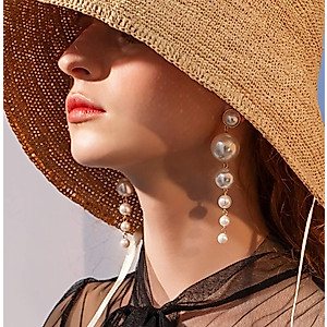 Denifery Boho Gold Long Tassel Earrings Fringe Dangle Earrings Pearls Earrings Thin Earrings Handmade Bohemian Statement Earrings for Women Daily Party