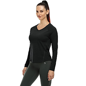 icyzone V-Neck Long Sleeve Workout Shirts for Women, Quick Dry Fitness Athletic Running Yoga Tops (Black, S)