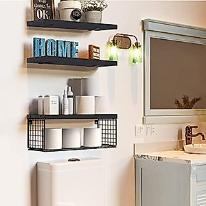 Szkiuqe 2-in-1 Floating Shelves, Bathroom Shelves with Storage Basket, Wall Mounted Rustic Wood Shelves, Farmhouse Wall Decor for Bedroom, Kitchen, Living Room and Plants - Black