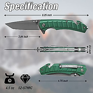 FLISSA Folding Pocket Knife, Tactical Knife with Liner Lock, Tanto Blade, Pocket Clip, Glass Breaker, Seatbelt Cutter, Perfect for Hunting, Camping, Survival (Green)