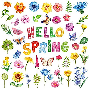 72 Pcs Cute Cutouts Hello Spring Cut Outs with 96 Pcs Glue Points Spring Bulletin Board Set Floral Plants Spring Cutouts Spring Decorations for Classroom School Game Party Bulletin Board Supplies