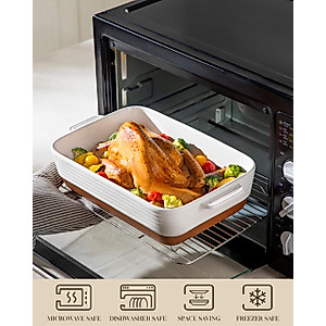 MALACASA Casserole Dishes for Oven, Ceramic Baking Dishes Set of 3, Baking Pan Casserole Dish Set, Rectangular Lasagna Pan Deep with Handles for Baking, Khaki White (14.5''/13''/10.5''), Series TARA