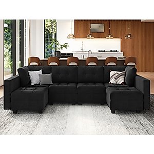 Belffin Modular Sectional U-Shaped Sofa Couch, Oversized Sectional Sleeper Sofa with Chaise and Ottoman, Modular Sofa Set with Stoarge Seat, Black